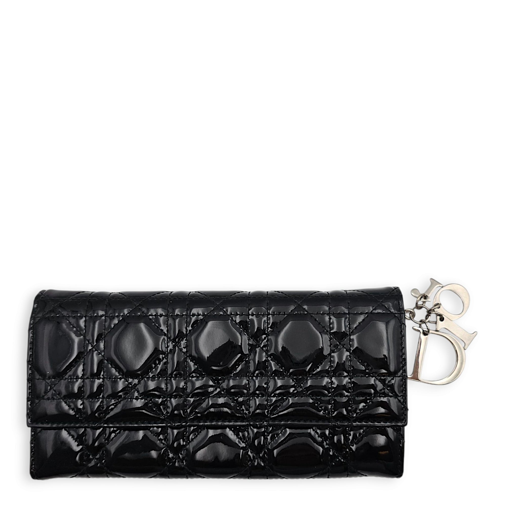 Cannage Print Wallet Black Wallet in Patent Leather, Silver hardware
