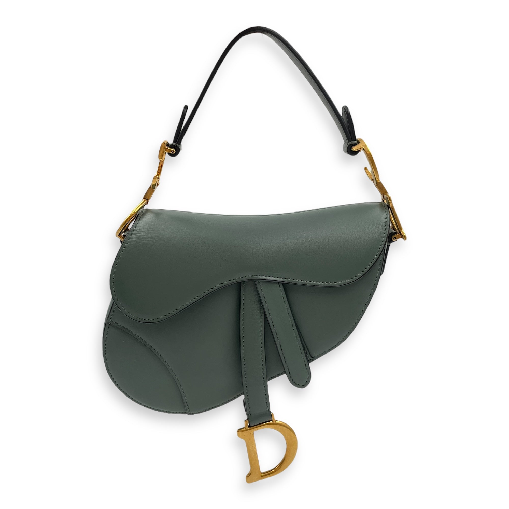 Saddle Green Top Handle Bag in Calfskin, Gold hardware