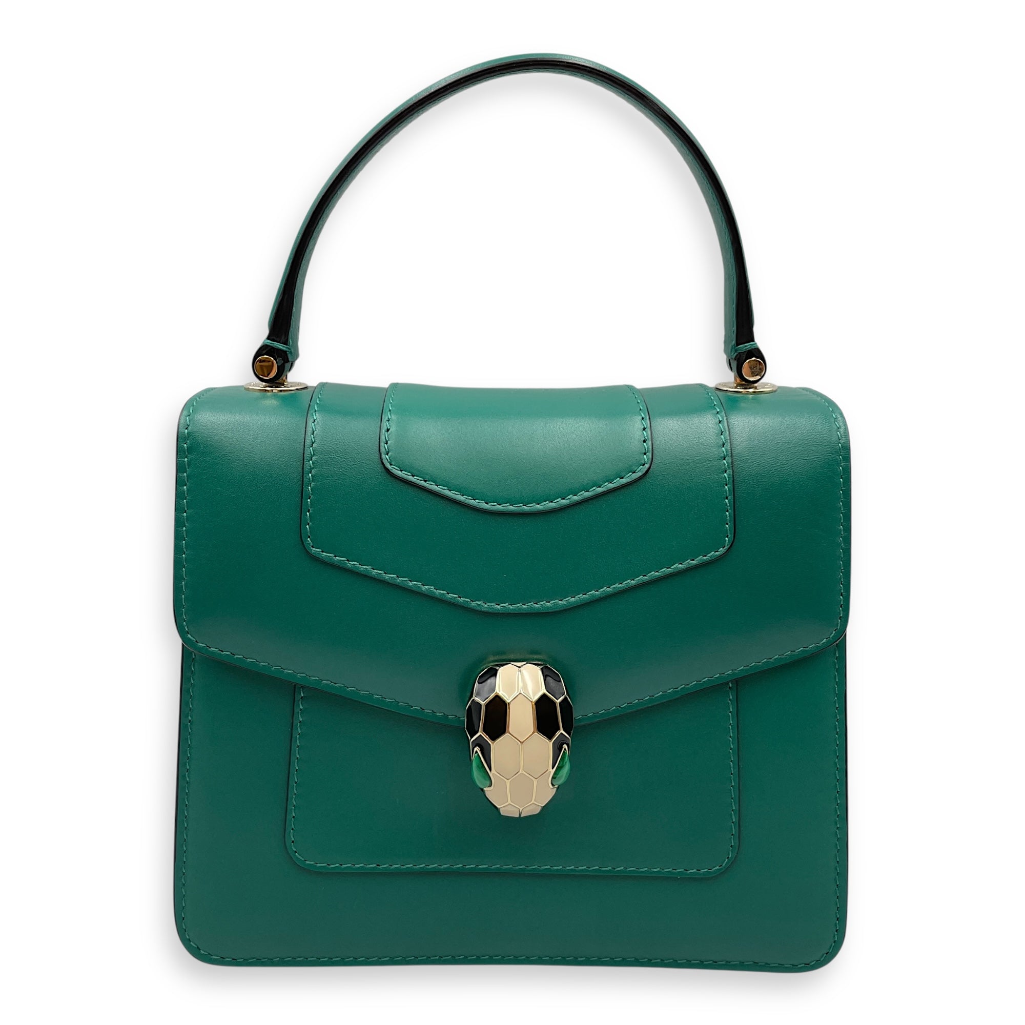 Serpentine Forever Green Top Handle Bag in Calfskin, Gold hardware