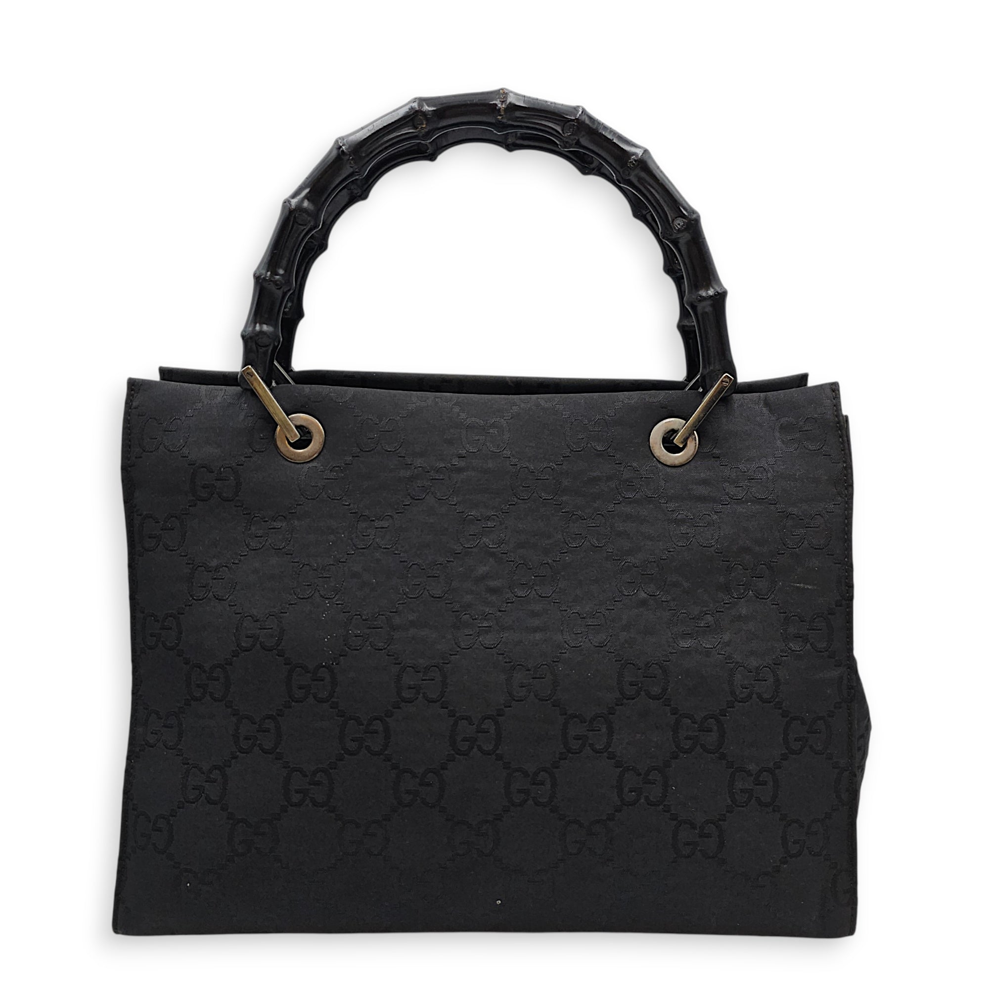GG Bamboo Pattern 30cm Black Top Handle Bag in Canvas, Silver hardware