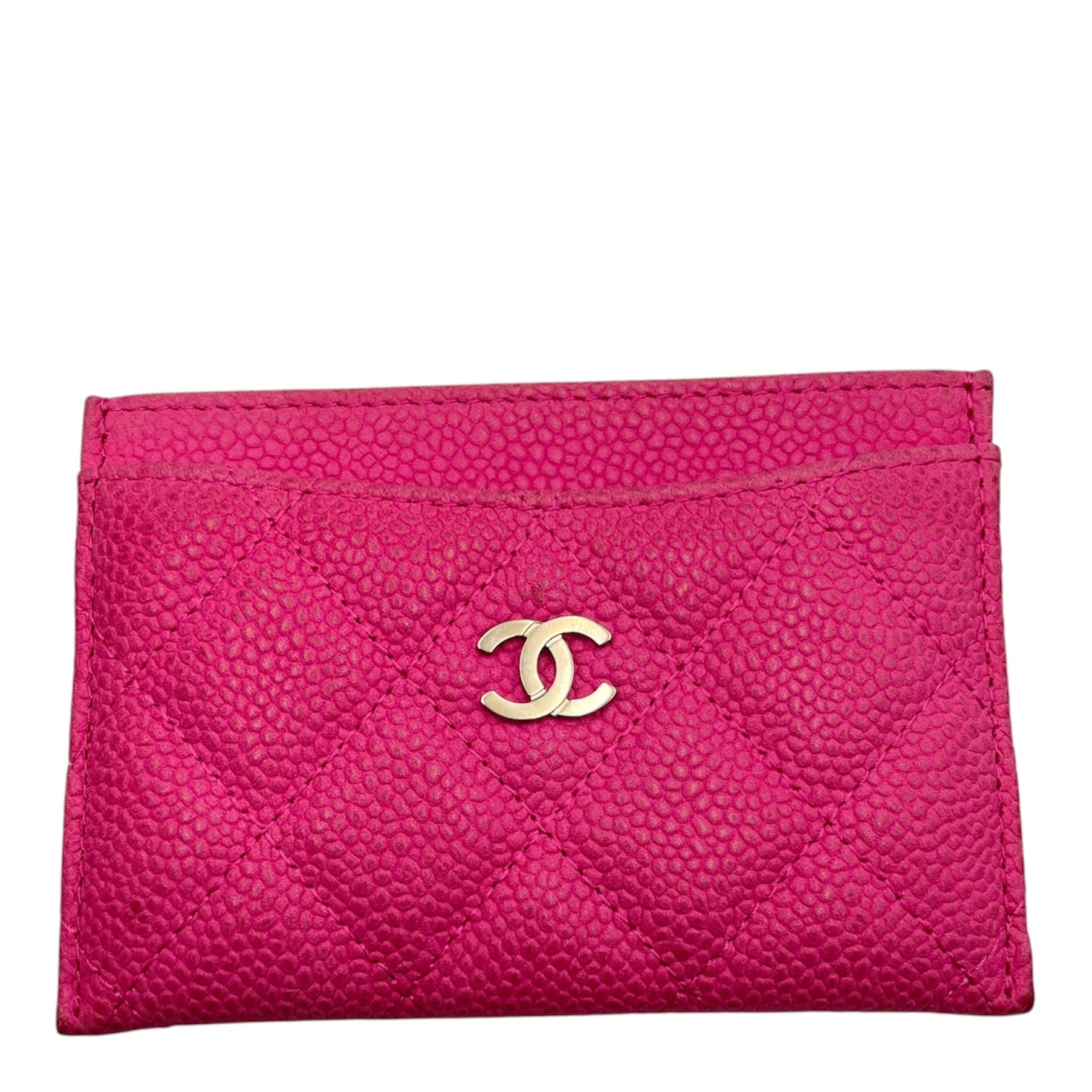 Quilted CC Logo Pink Card Holder in Caviar Leather, Silver hardware