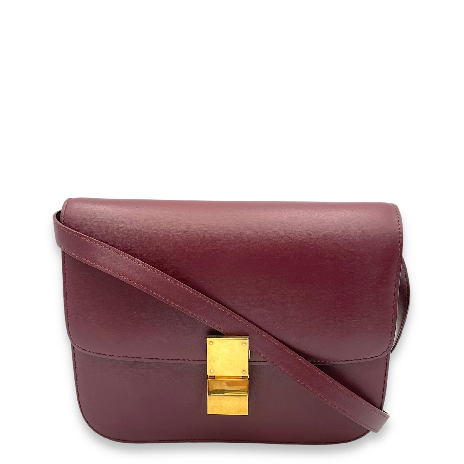 Celine Box Medium Maroon Shoulder Bag in Calfskin, Gold hardware Singapore