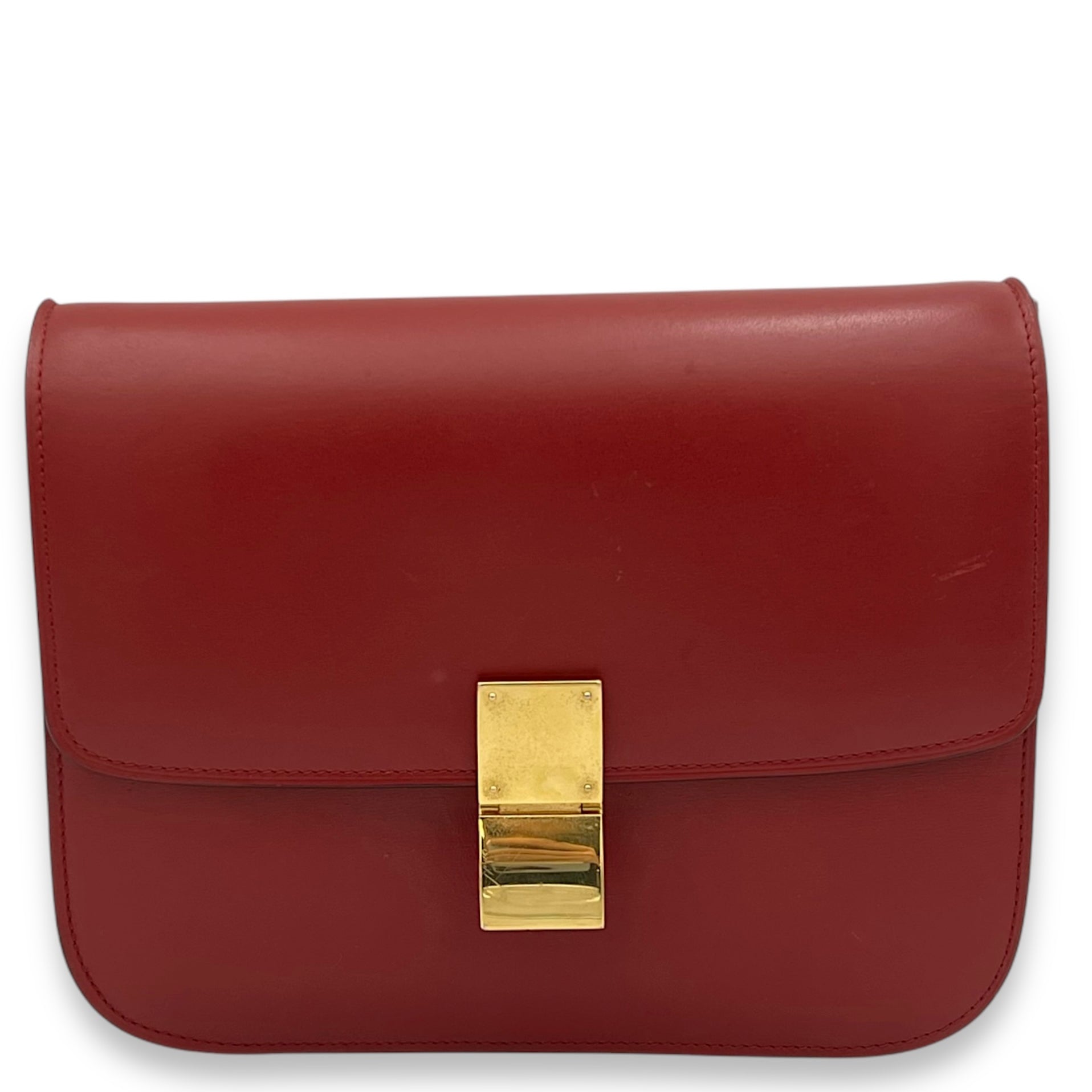 Celine Box Medium Red Shoulder Bag in Calfskin, Gold hardware Singapore