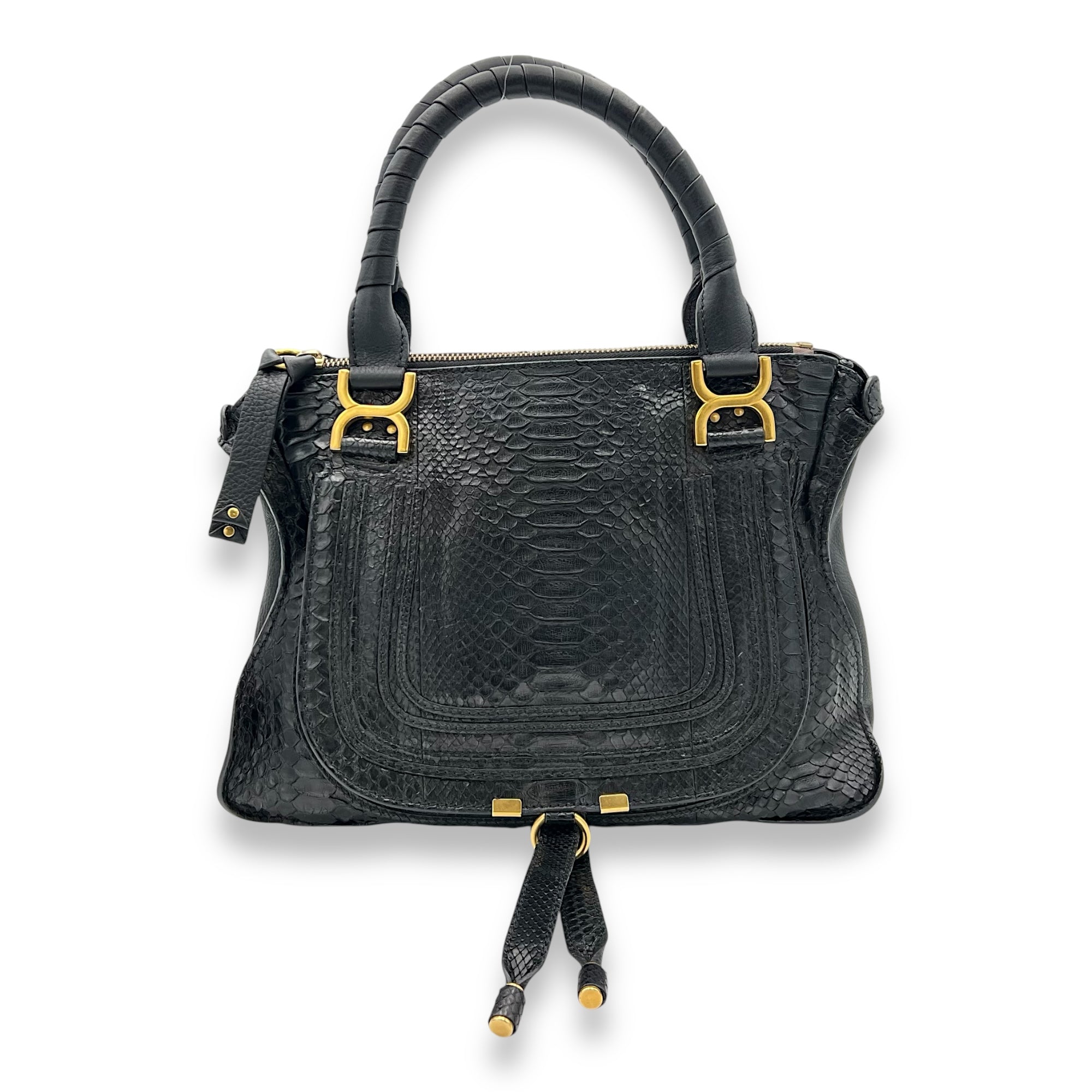 Chloé Marcie Black Top Handle Bag in Python Embossed Calfskin, Gold ...